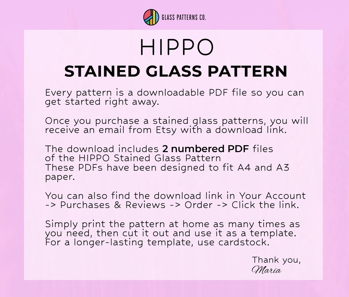 Hippo Stained Glass Pattern | Animal Design | Hippopotamus Suncatcher ...