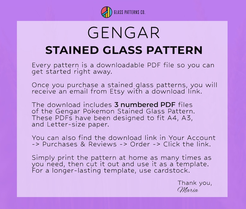 Gengar Stained Glass Pattern | DIGITAL DOWNLOAD | Pokemon| Beginner ...