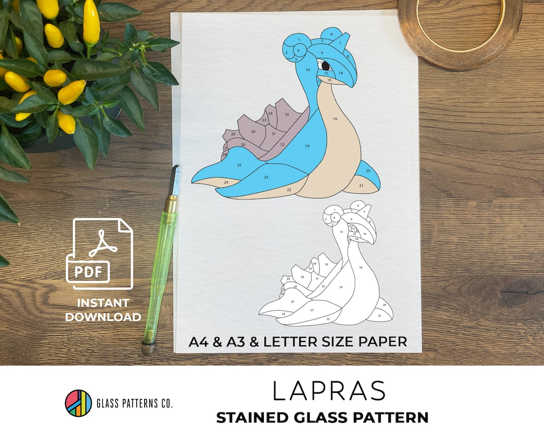 Lapras Stained Glass Pattern DIGITAL DOWNLOAD Pokemon Beginner Pdf A4 A3 Letter 2 Sizes Glass ...