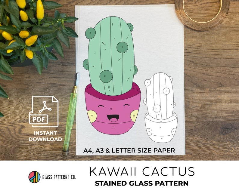 Kawaii Cactus Pattern Stained Glass| DIGITAL DOWNLOAD | PDF | A4 | A3 ...