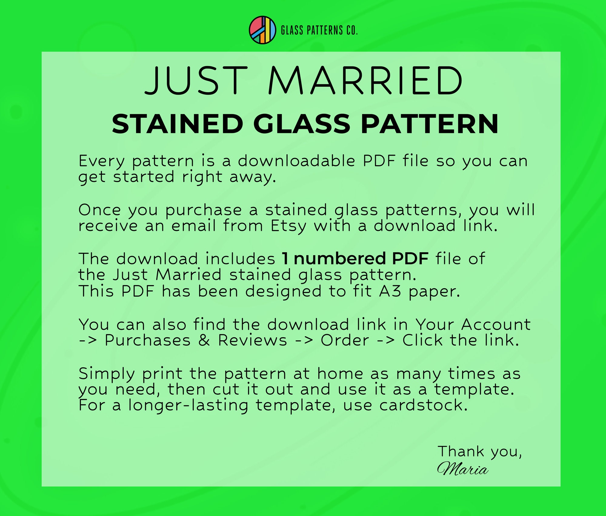 Just Married Stained Glass Pattern | Instant DOWNLOAD | Wedding Design ...