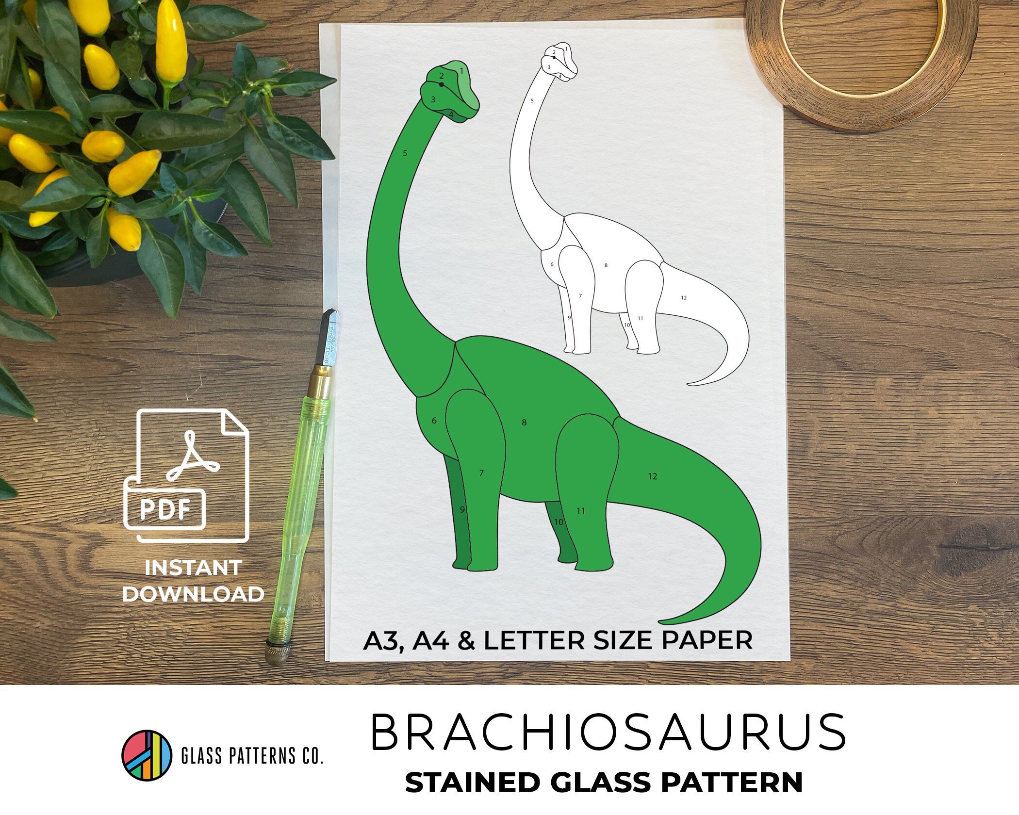 Dinosaur Pattern Stained Glass | DIGITAL DOWNLOAD | Brachiosaurus ...