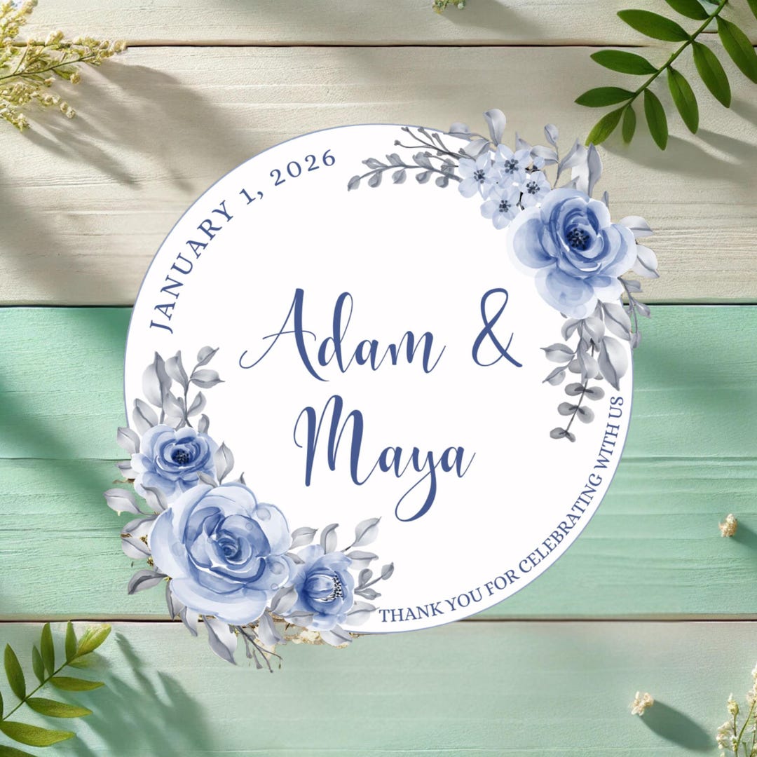 Blue Floral Wedding Favor Stickers: Personalized Celebration Stickers ...