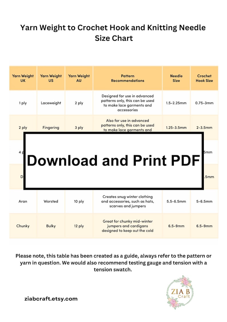 Yarn Weight to Crochet Hook and Knitting Needle Size Chart Instant Download - Etsy