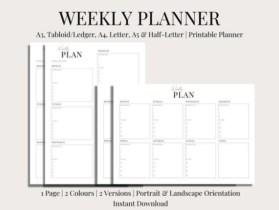 Weekly Planner Portrait Landscape Printable 2 Versions - Etsy