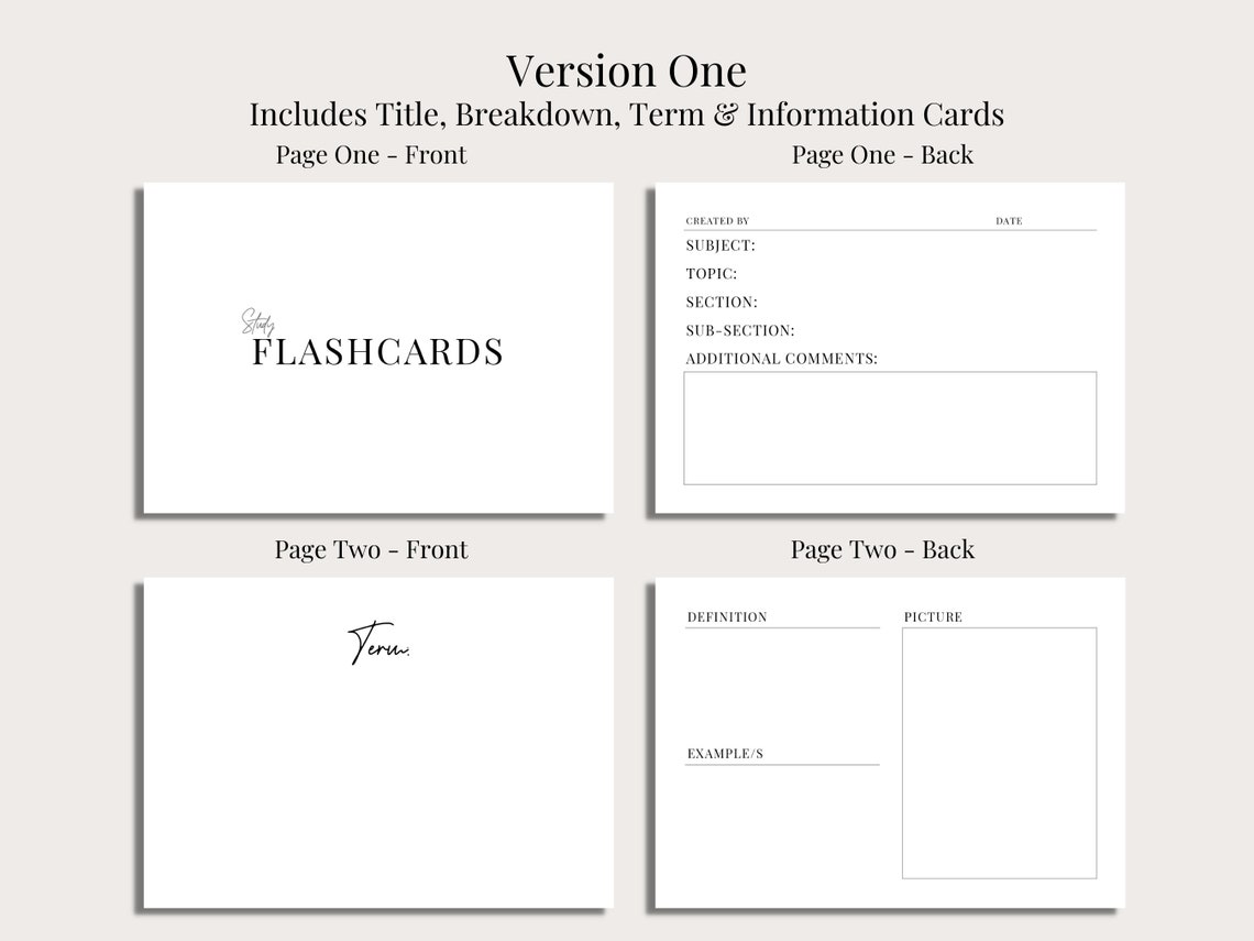 Study Flashcards, Landscape, Printable, 4 Versions, Study, School ...