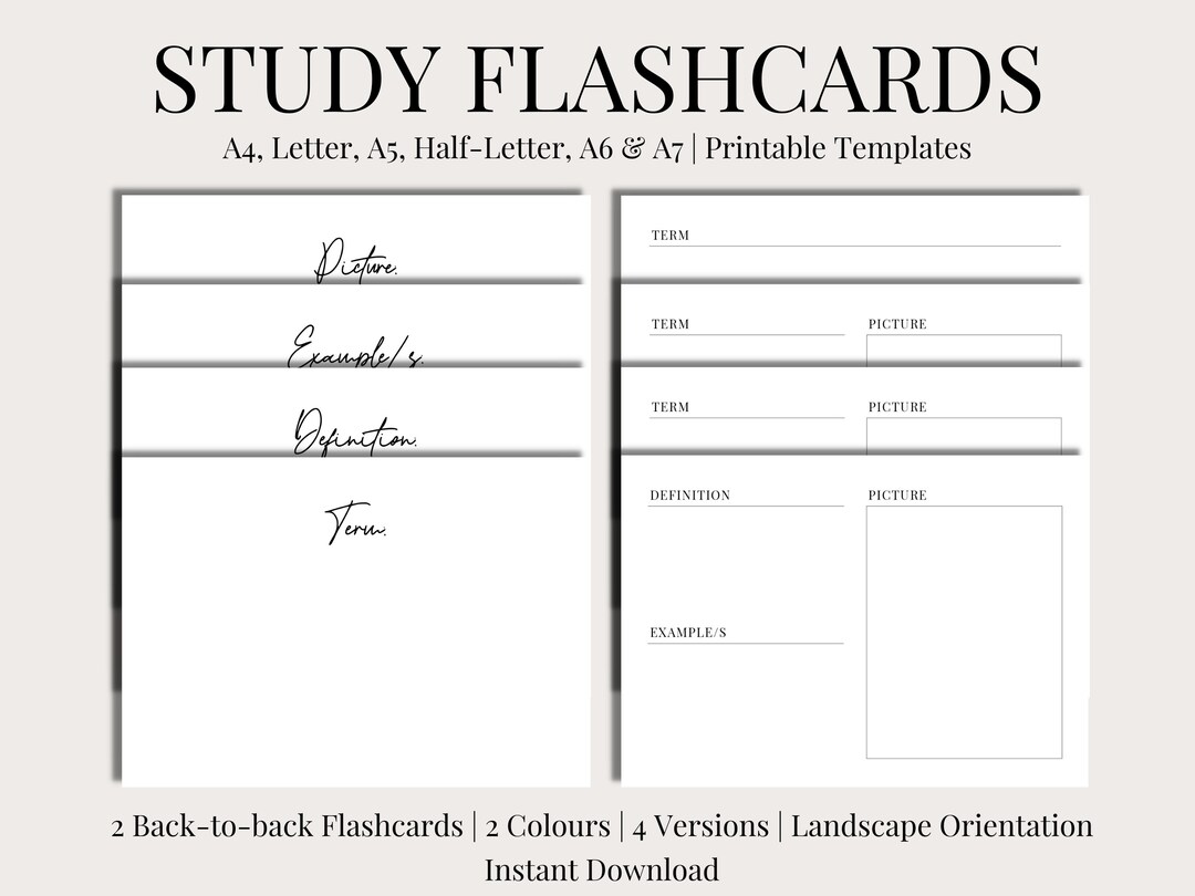 Study Flashcards, Landscape, Printable, 4 Versions, Study, School ...