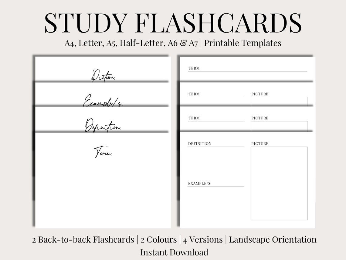 Study Flashcards, Landscape, Printable, 4 Versions, Study, School ...