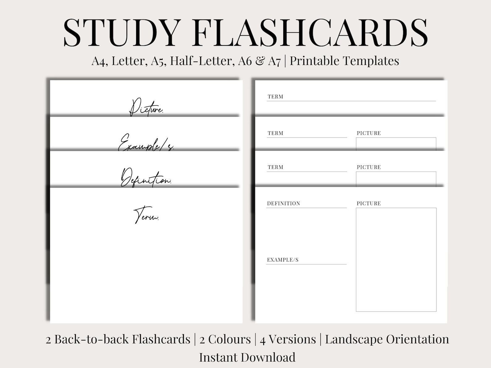 Study Flashcards, Landscape, Printable, 4 Versions, Study, School ...