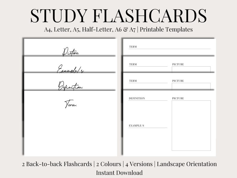 Study Flashcards, Landscape, Printable, 4 Versions, Study, School ...