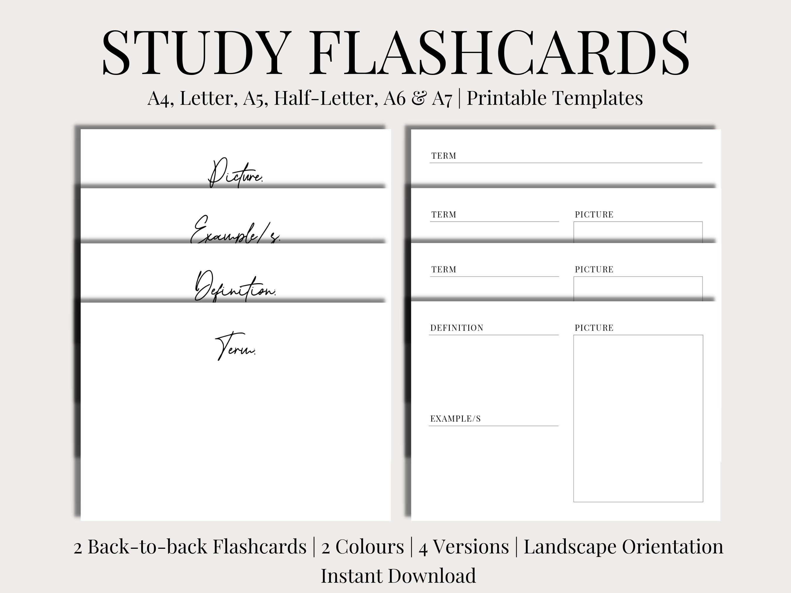 Study Flashcards, Landscape, Printable, 4 Versions, Study, School ...