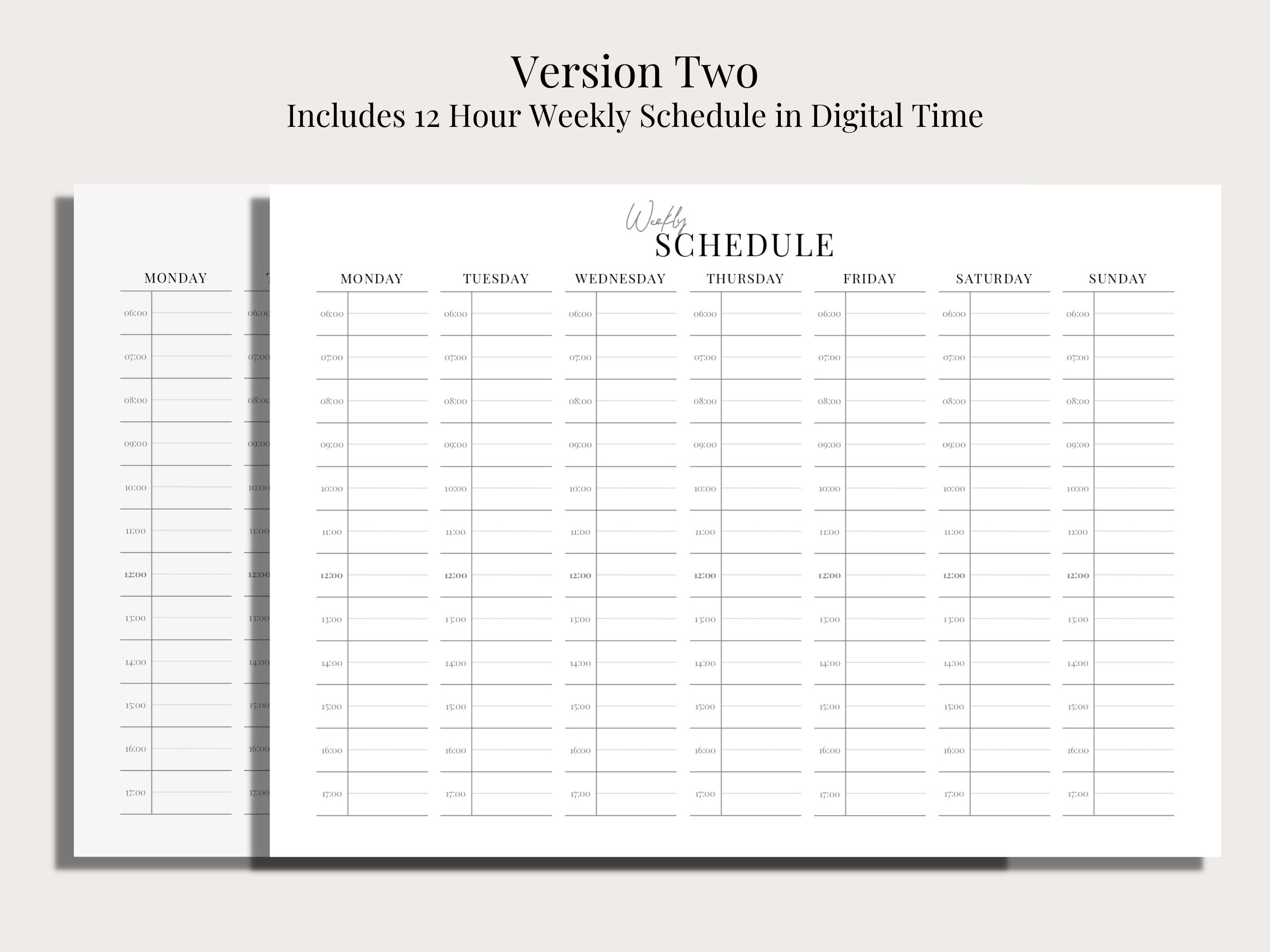 12 Hour Weekly Schedule, Landscape, Printable, 2 Versions, Hourly ...