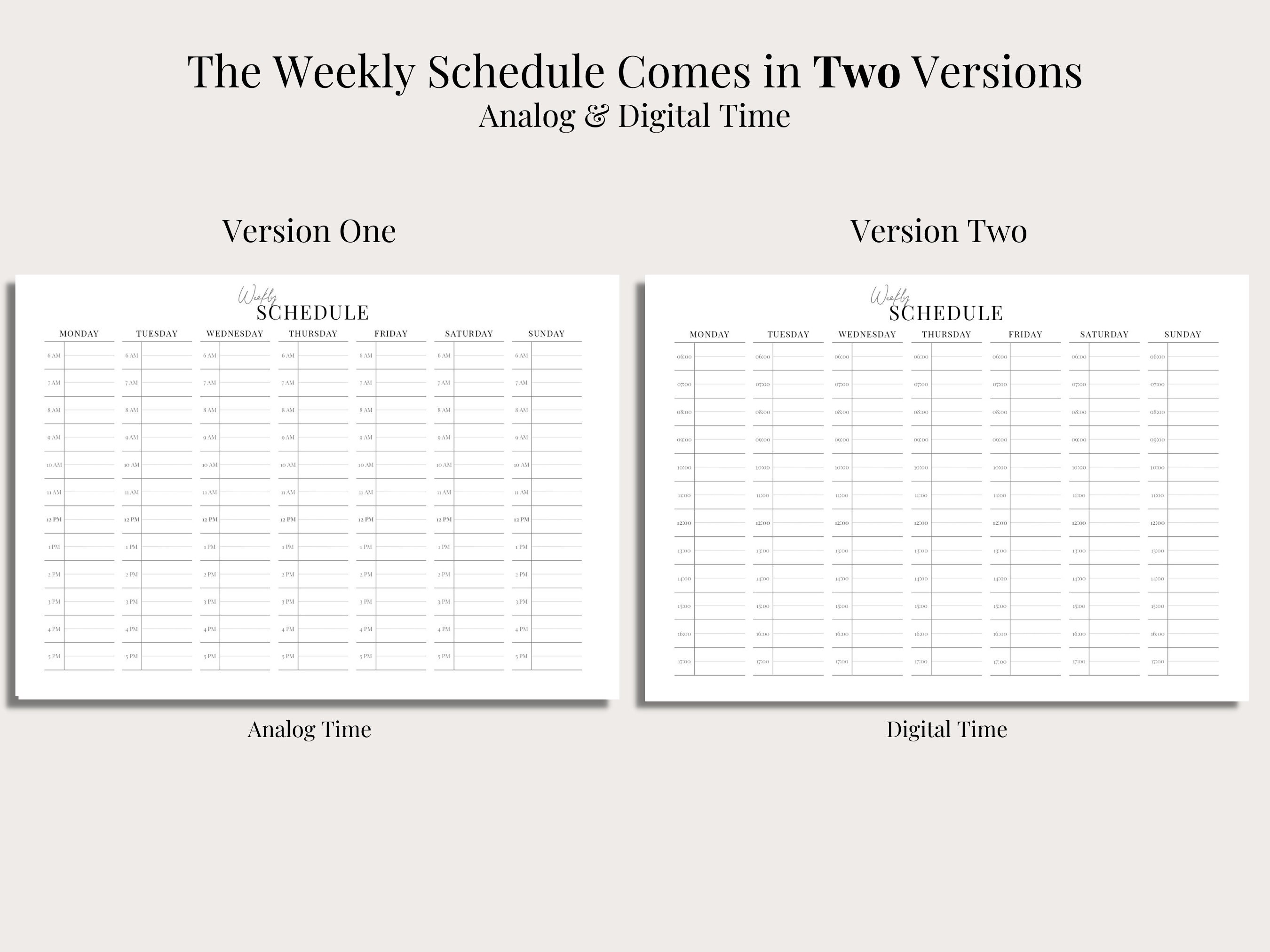 12 Hour Weekly Schedule, Landscape, Printable, 2 Versions, Hourly ...