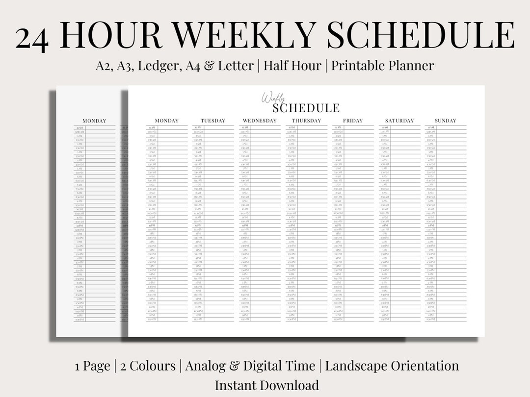 Half Hour 24 Hour Weekly Schedule, Landscape, Printable, 2 Versions ...