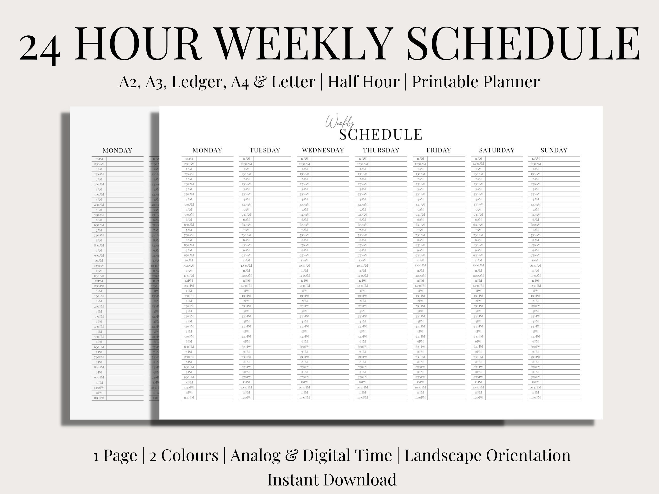 Half Hour 24 Hour Weekly Schedule, Landscape, Printable, 2 Versions ...