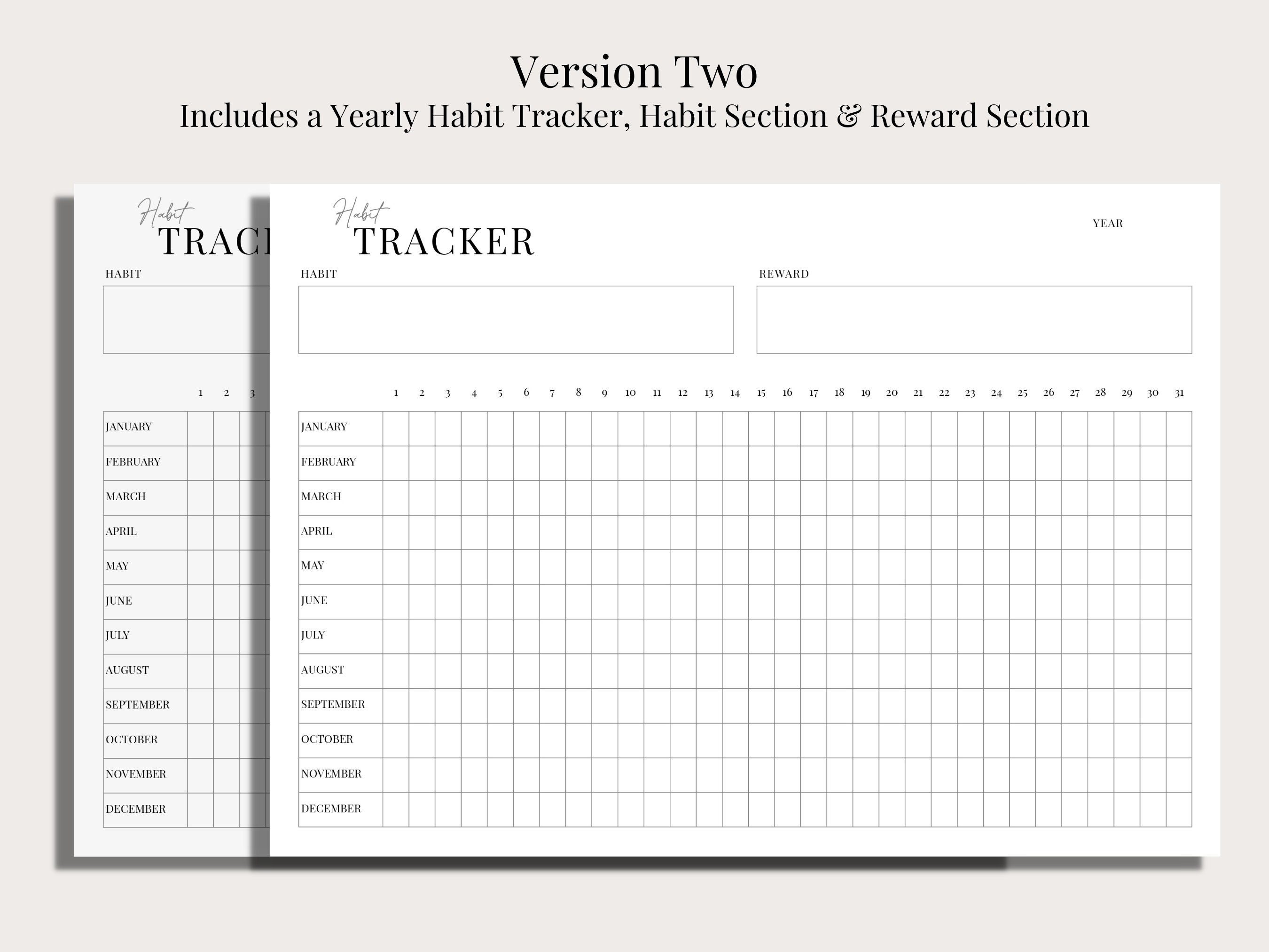 Habit Tracker, Landscape, Printable, 3 Versions, Yearly Habit Tracker ...