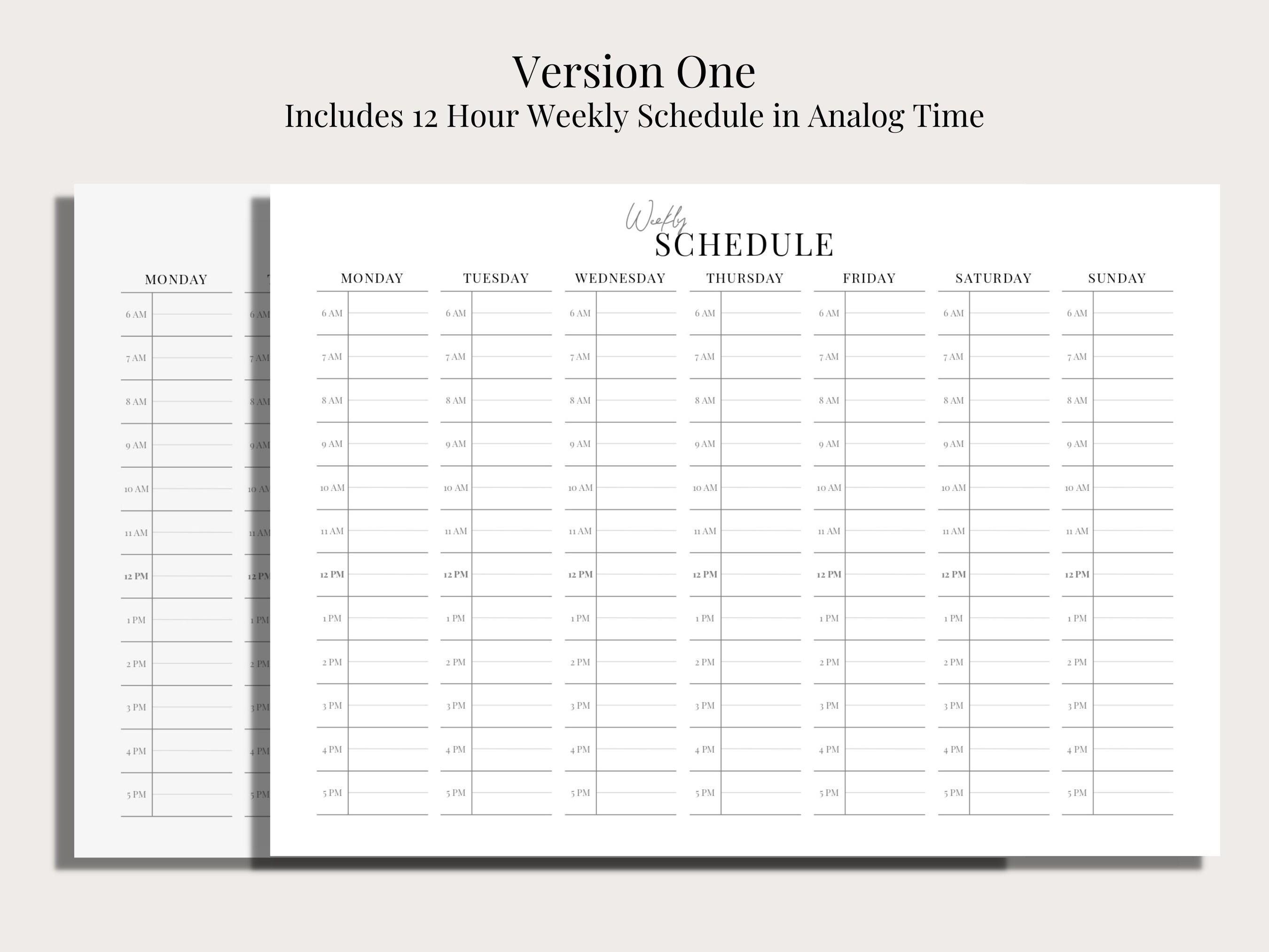 12 Hour Weekly Schedule, Landscape, Printable, 2 Versions, Hourly ...