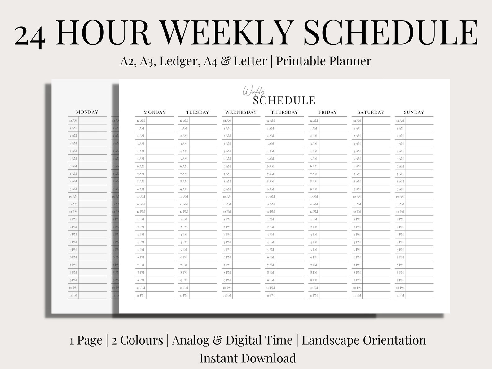 24 Hour Weekly Schedule, Landscape, Printable, 2 Versions, Hourly ...