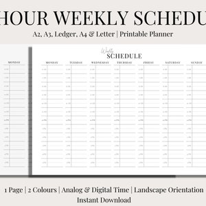12 Hour Weekly Schedule, Landscape, Printable, 2 Versions, Hourly ...