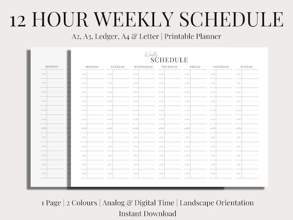 12 Hour Weekly Schedule Landscape Printable 2 Versions | Etsy