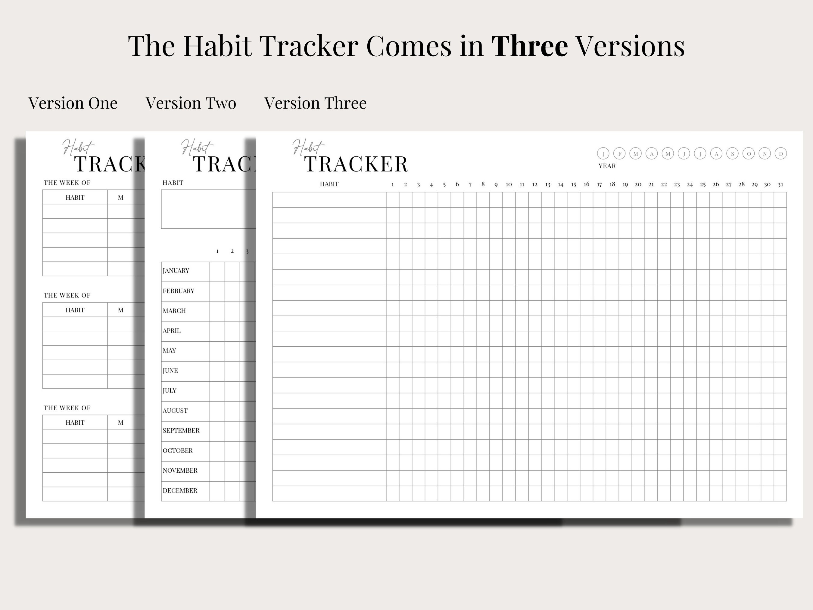 Habit Tracker, Landscape, Printable, 3 Versions, Yearly Habit Tracker ...