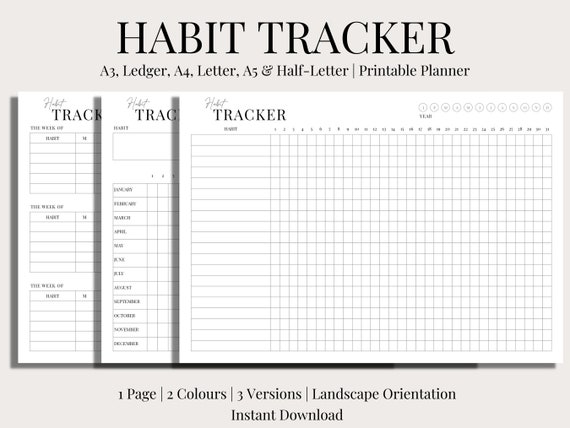Habit Tracker Landscape Printable 3 Versions Yearly Habit - Etsy