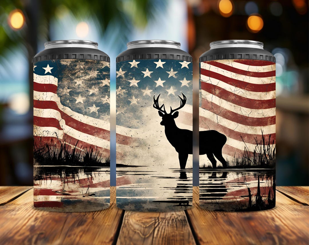American Flag Deer Multi-use 4-in-1 Can Cooler | Fits Slim Cans ...