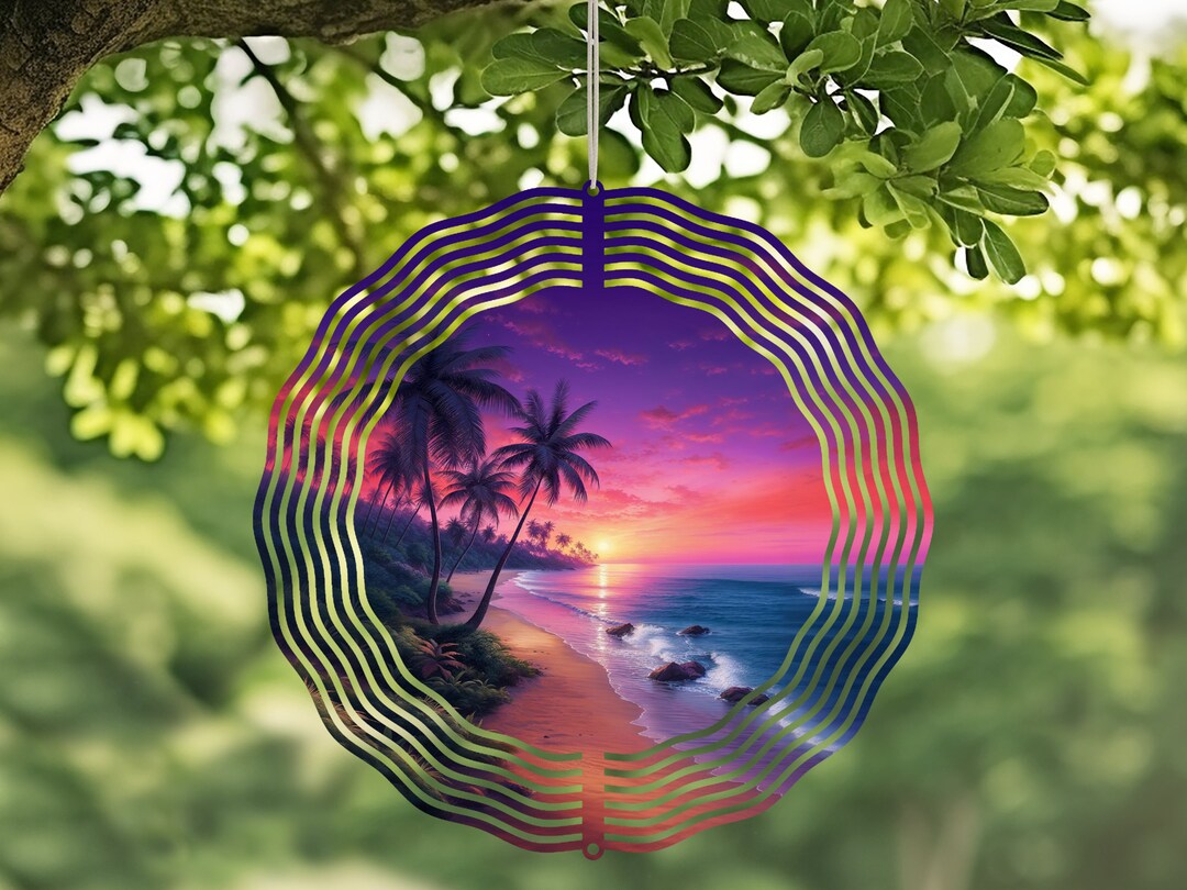 Beach Sunset Handcrafted Wind Spinner With Crystal Pendant - Outdoor ...