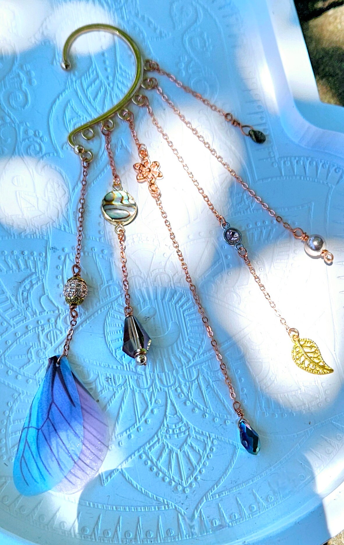Rose Gold Ear Cuff With Chain, Charms, Beads, and Stones, Long Ear Cuff ...
