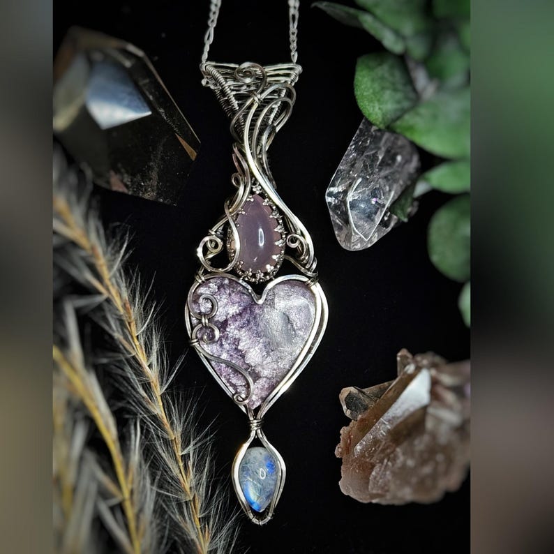 Lepidolite, Rose Quartz & Moonstone Necklace, Gemstone Heart Pendant ...