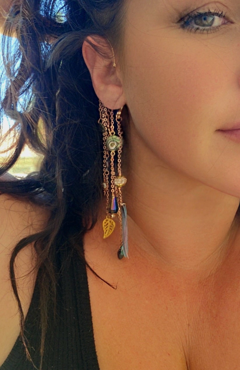 Rose Gold Ear Cuff With Chain, Charms, Beads, and Stones, Long Ear Cuff ...