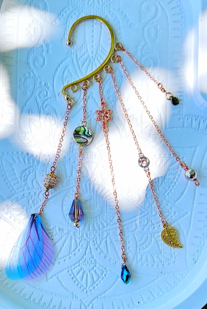 Rose Gold Ear Cuff With Chain, Charms, Beads, and Stones, Long Ear Cuff ...