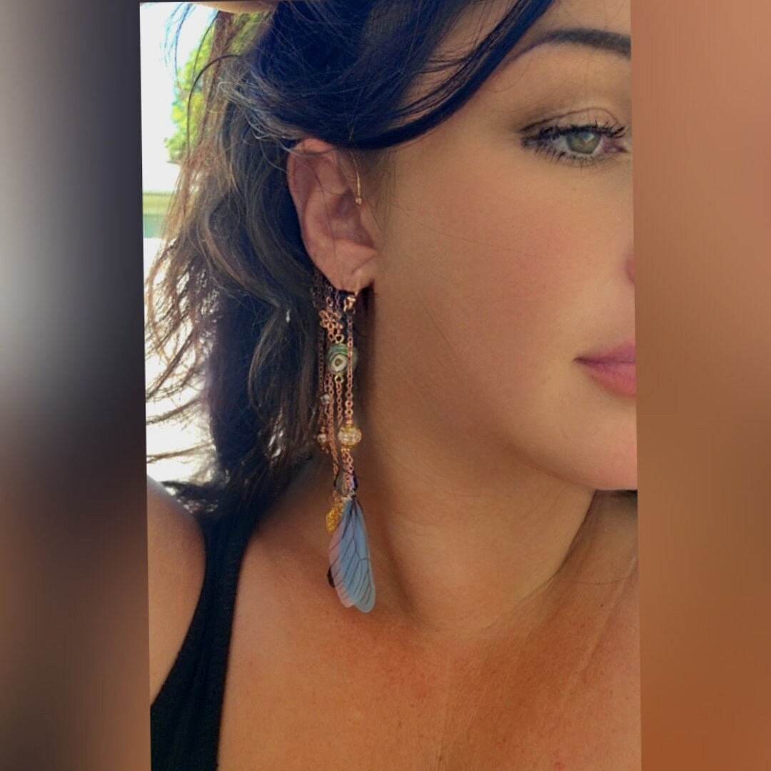 Rose Gold Ear Cuff With Chain, Charms, Beads, and Stones, Long Ear Cuff ...