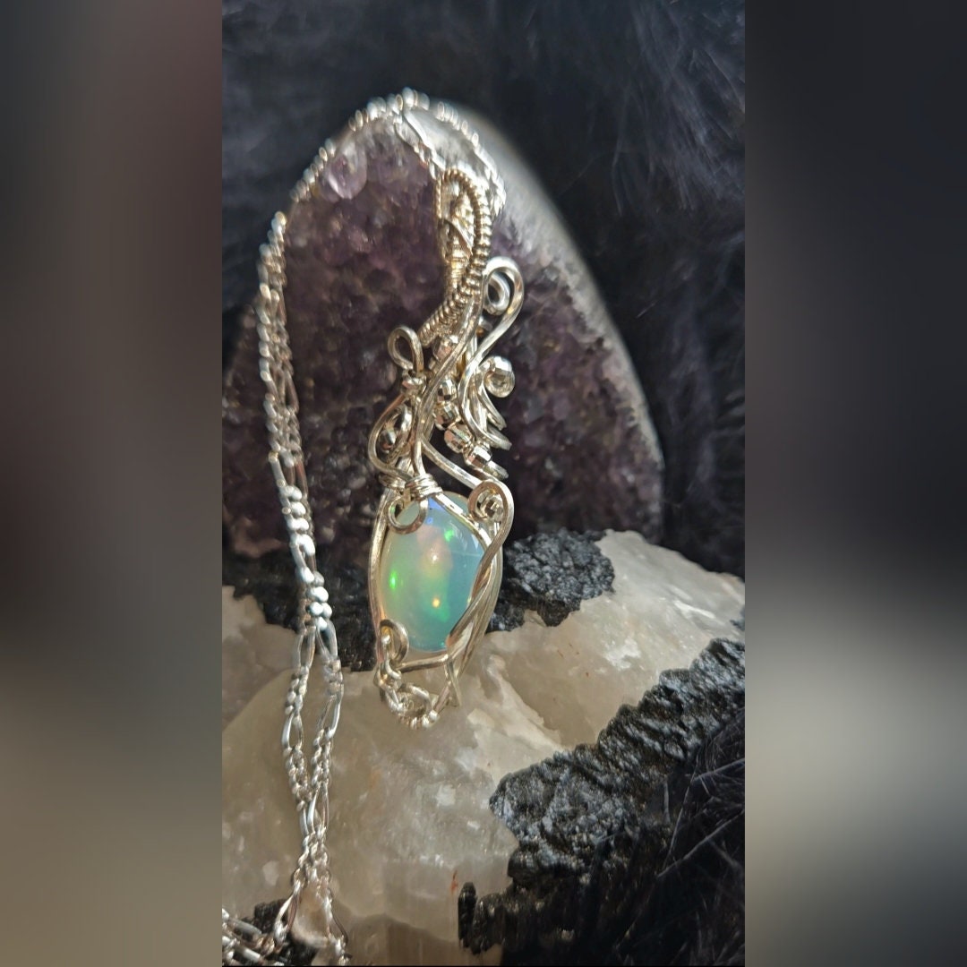 Ethiopian Welo Opal 925 Silver Necklace, Genuine Gemstone Precious ...
