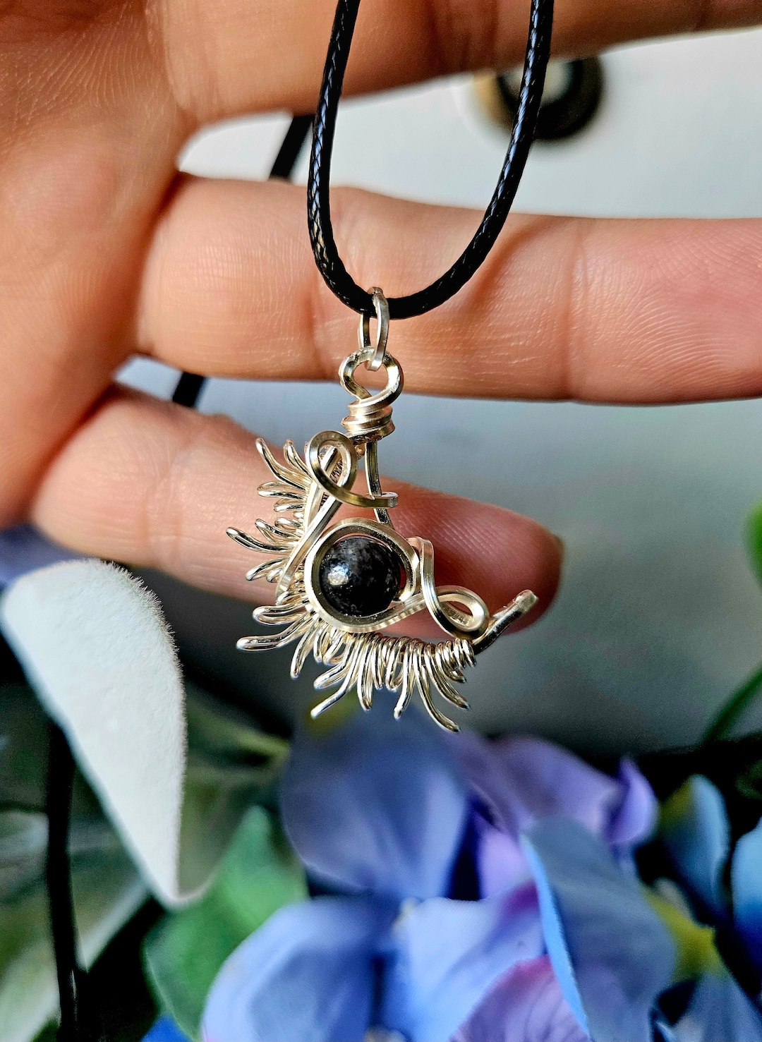 Soluna Pendant Necklace Silver & Black Sun Moon Face Genuine Larvikite ...