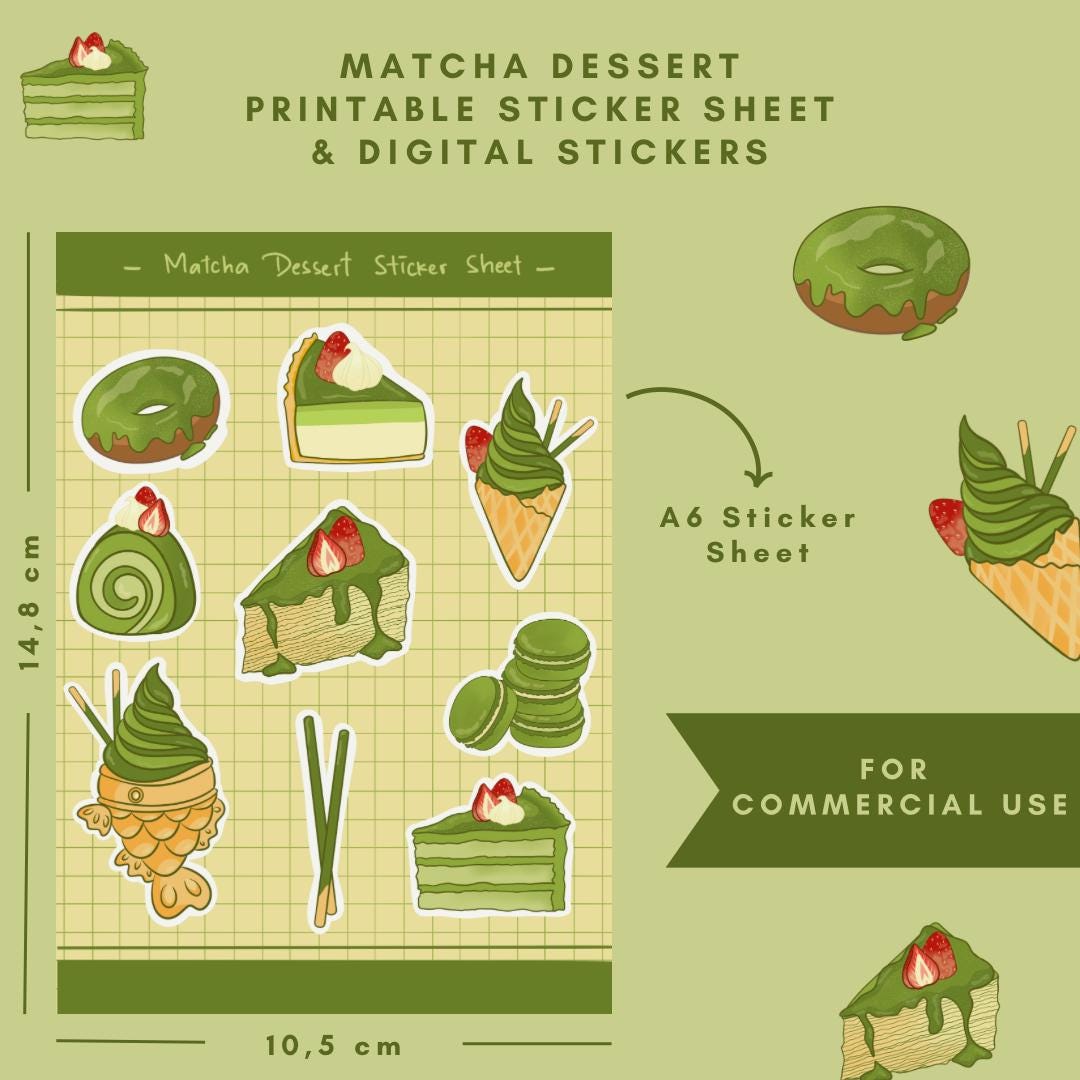 Matcha Dessert Printable Sticker Sheet | Bakery Digital Planner ...