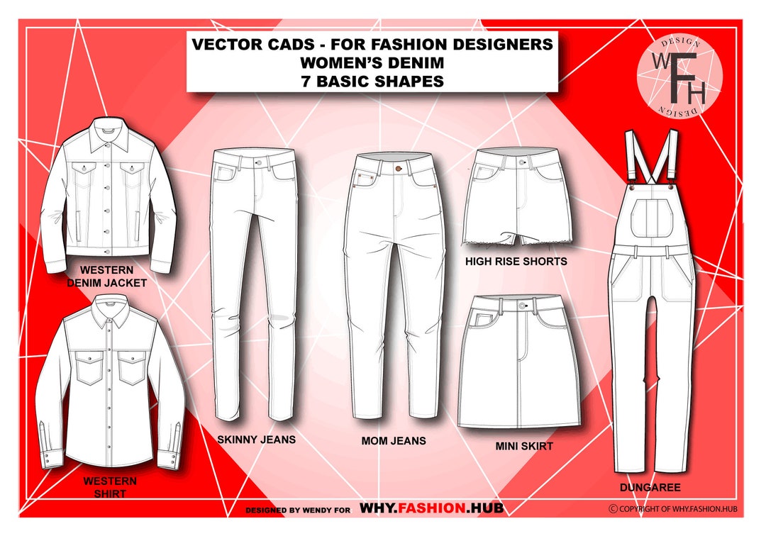 Womens Denim Basic 7 Styles Vector Flat Sketches - Etsy