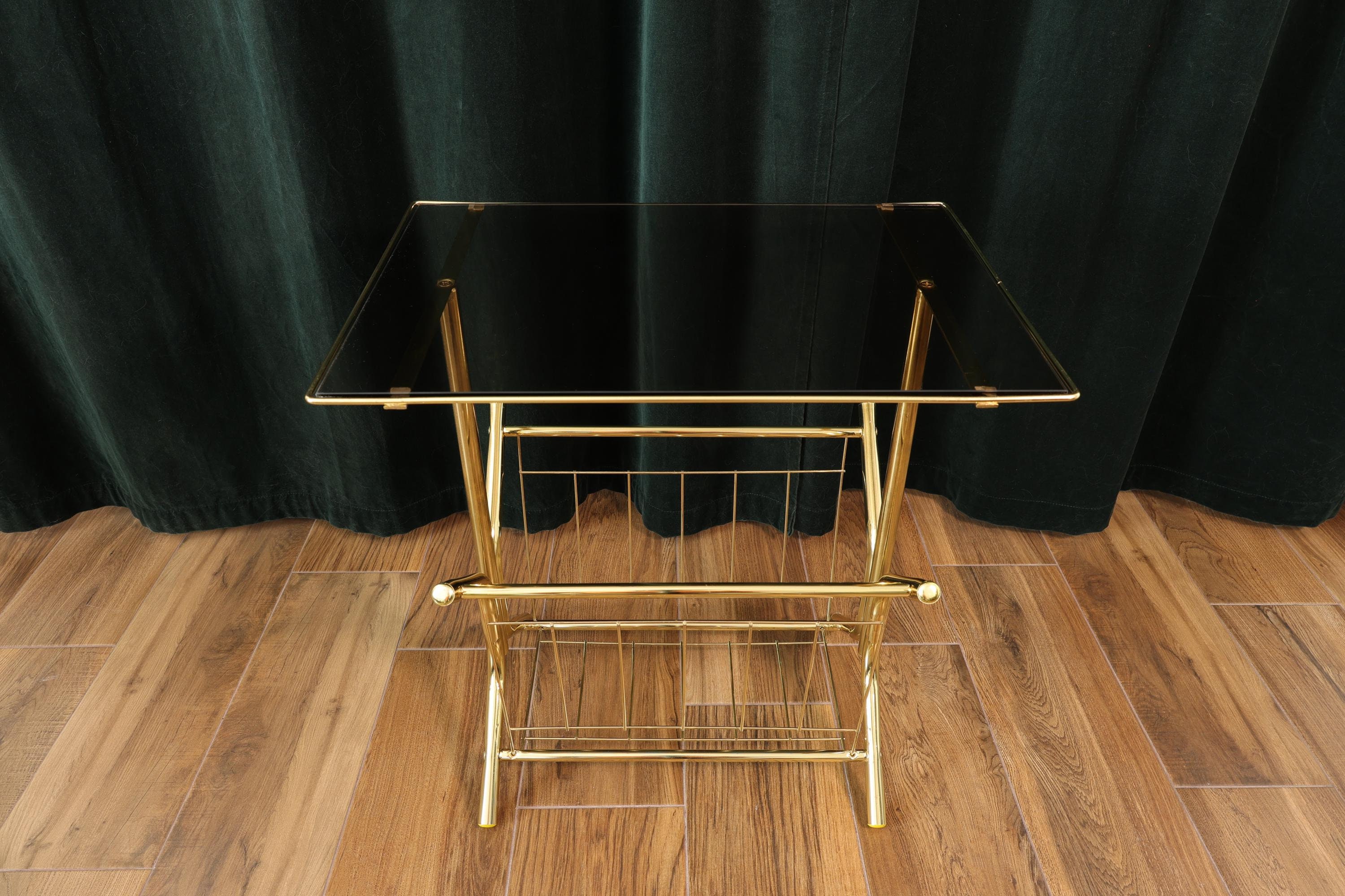 Vintage Gold Magazine Rack Table With Glass Side Table for Living Room ...