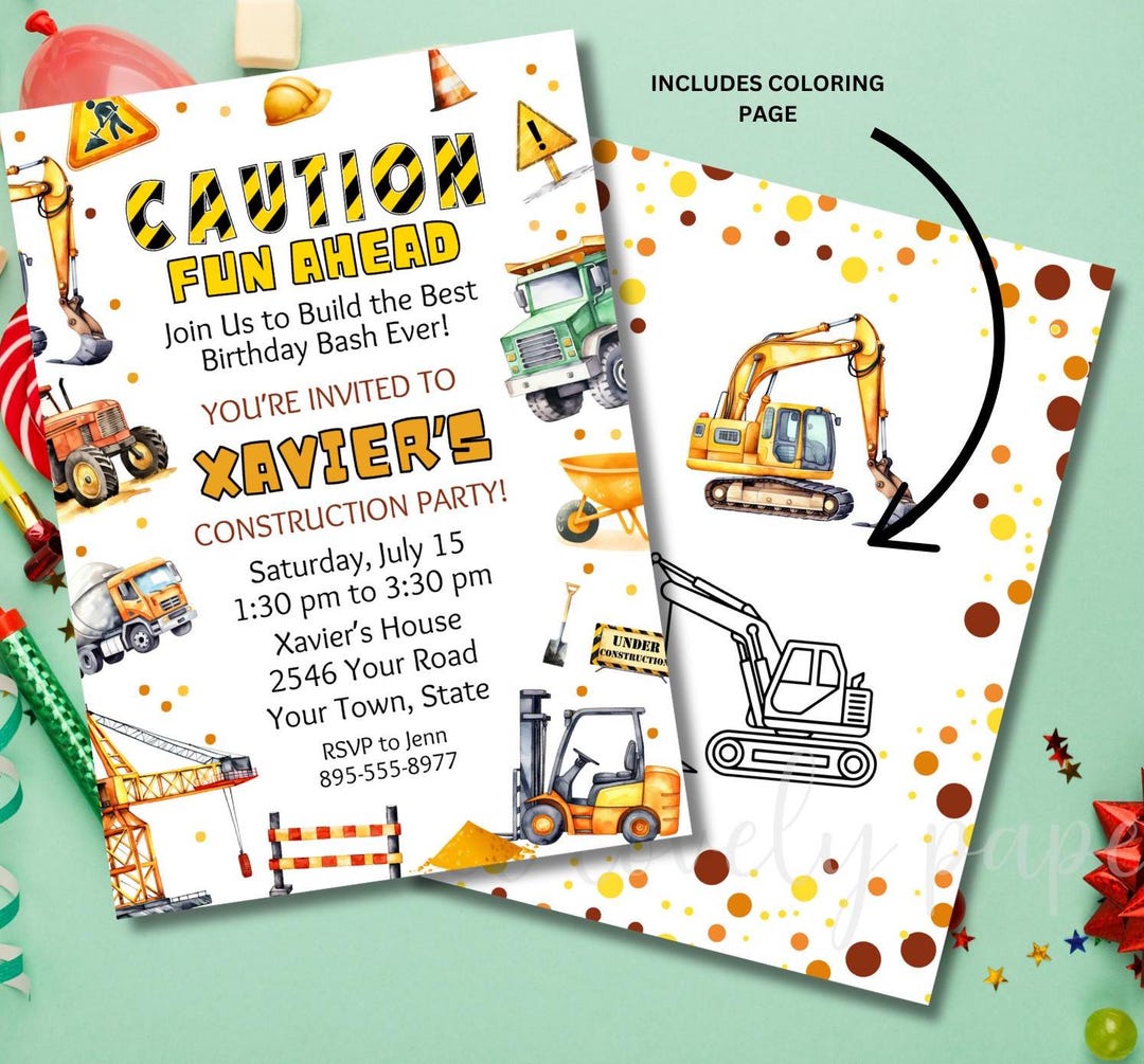 Editable Construction Birthday Party Invitation Template Construction ...
