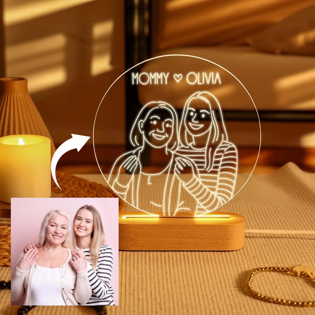 Modern Line Art LED Night Light for Mom – Custom Engraved Photo on ...