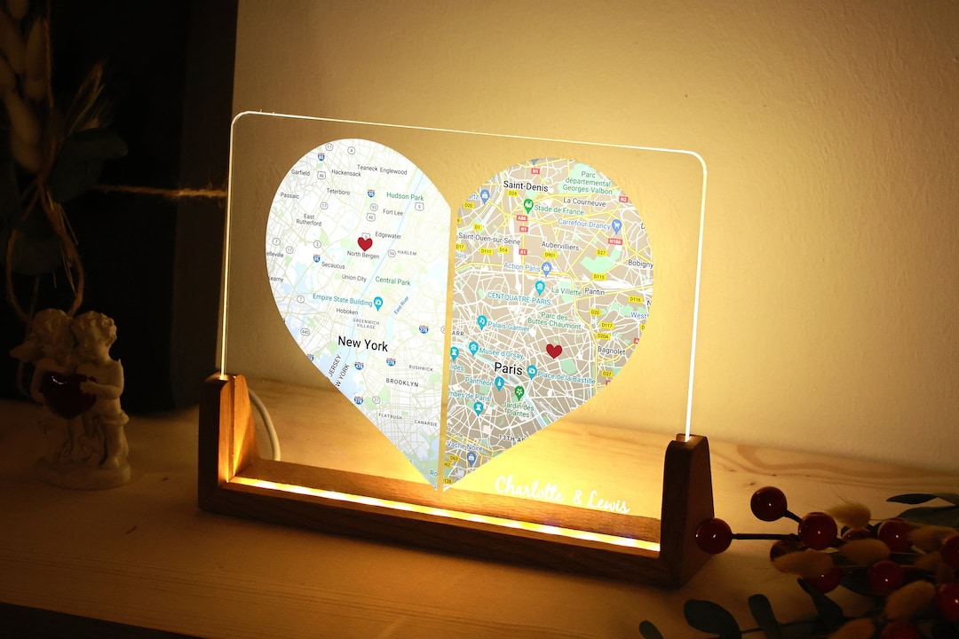 Personalized Map Print - Night Light for Long Distance Love - Engaged ...