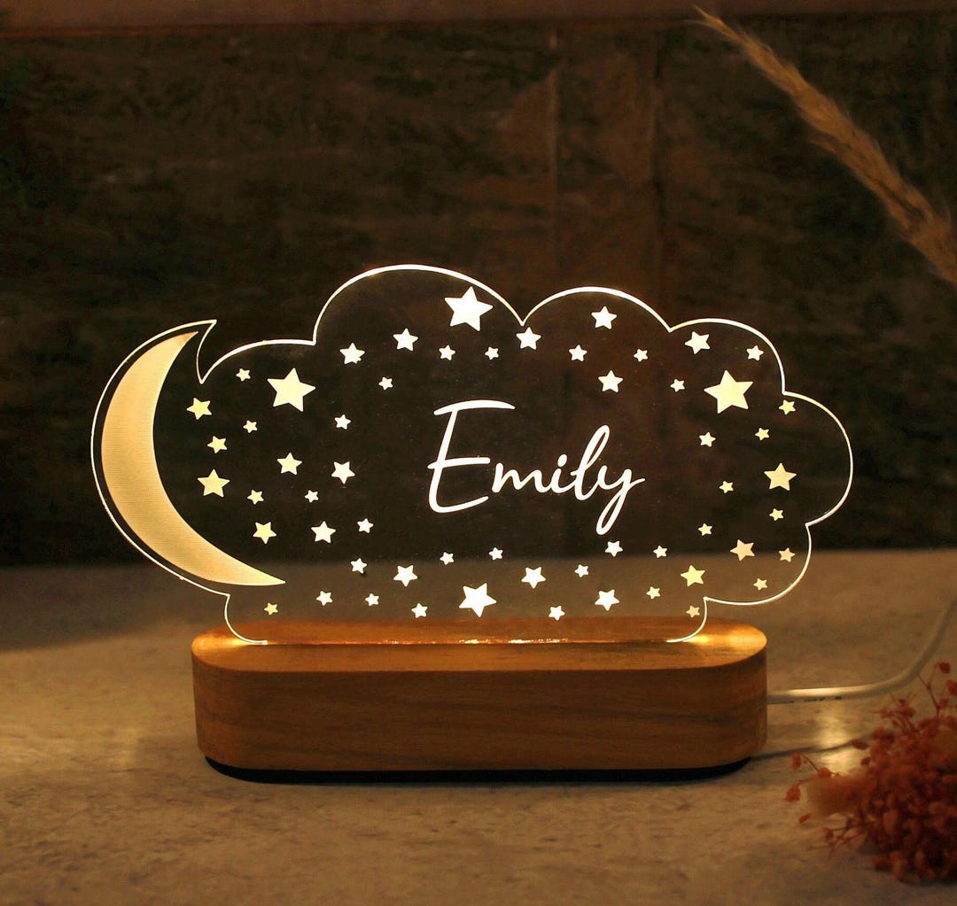 Personalized Night Light With Moon & Stars - Kid Nightlight for Nursery ...