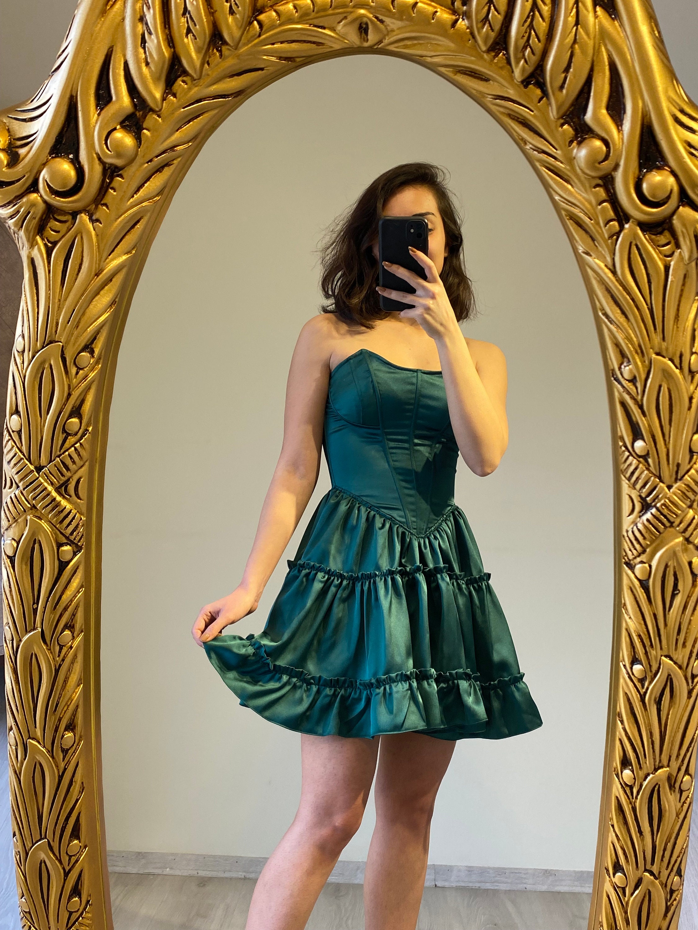 Emerald Green Satin Ruffle Bodice Dress /emerald Green Short - Etsy