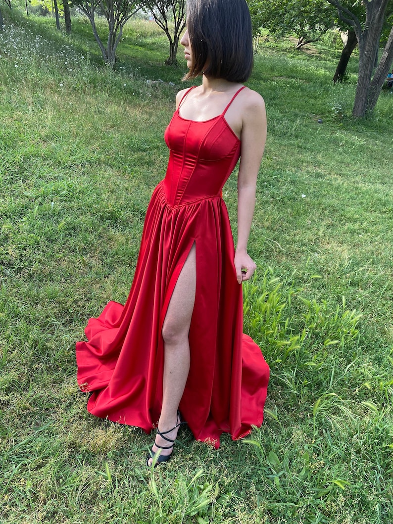 Red Satin Long Slit Corset Dress /red Strappy Corset Dress - Etsy