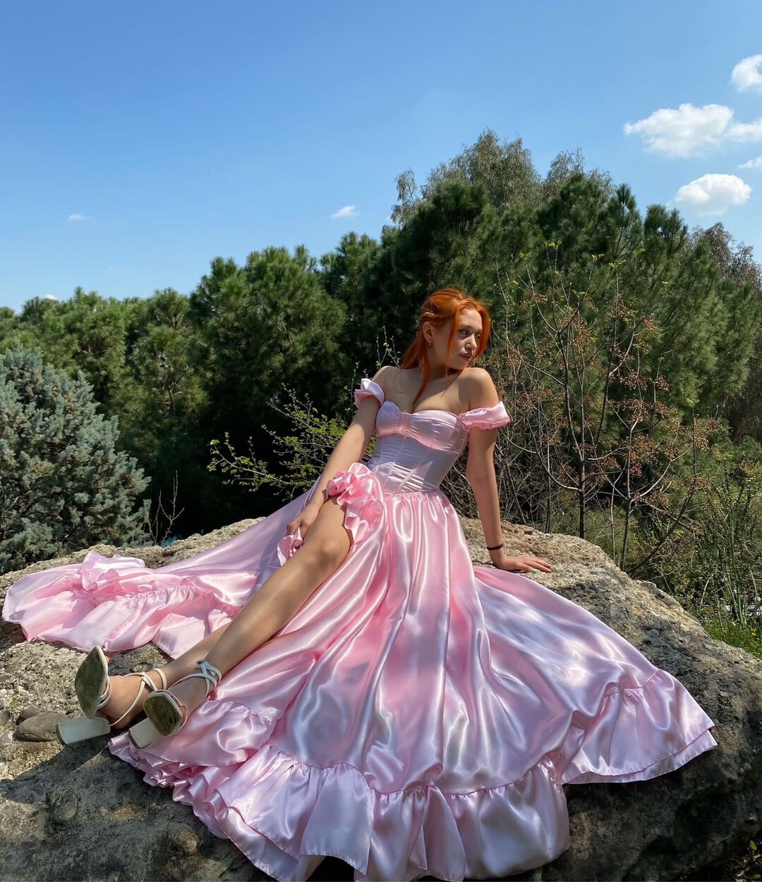 Pink Satin Corset Dress: Ruffle Princess Gown, Custom Made - Etsy