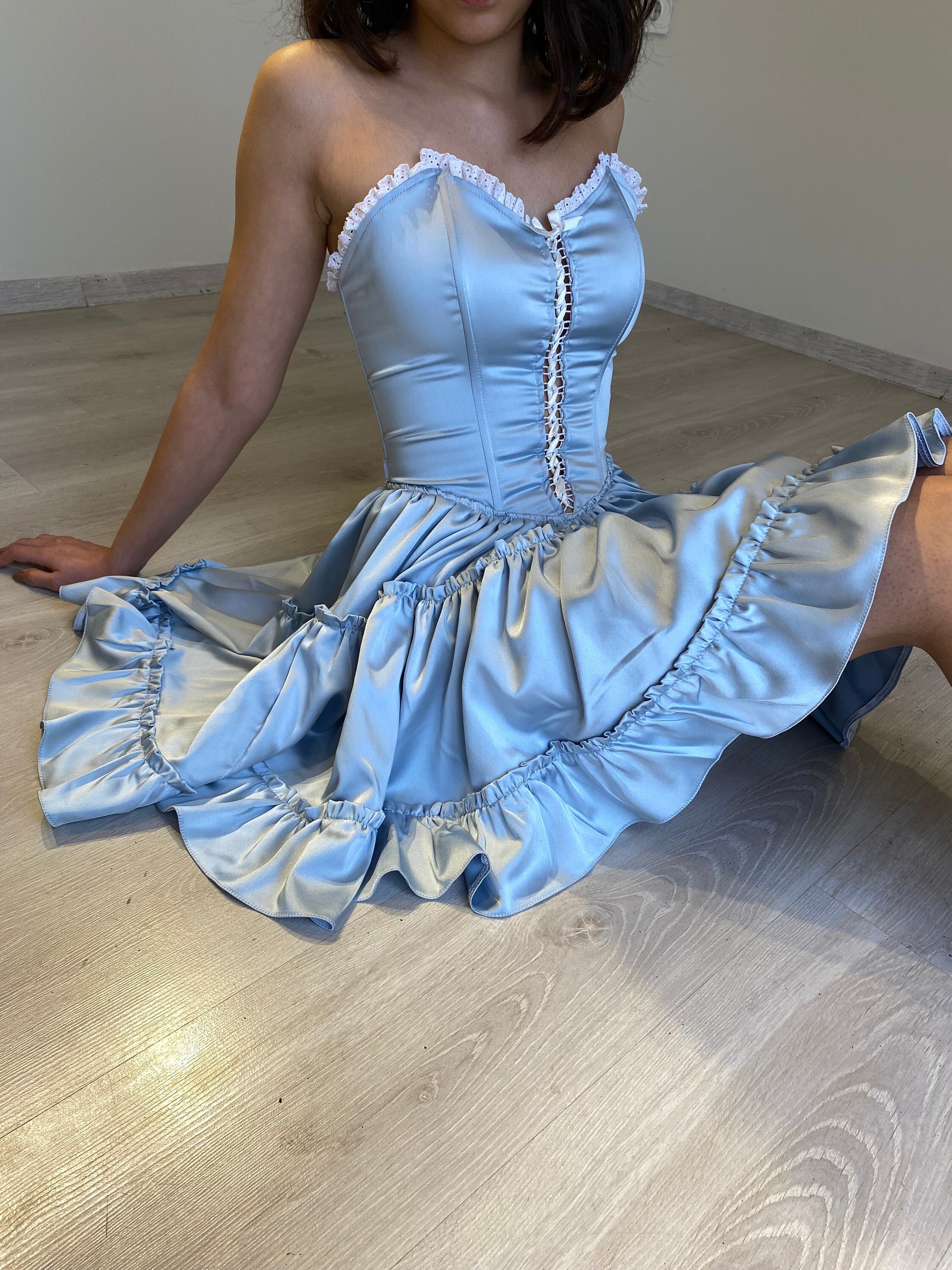 Vintage Style Baby Blue Satin Corset Dress/baby Blue Frilly - Etsy