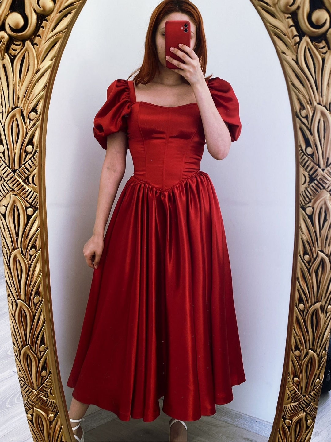 Vintage Style Red Satin Long Corset Dress/red Sleeve Corset Dress/long ...