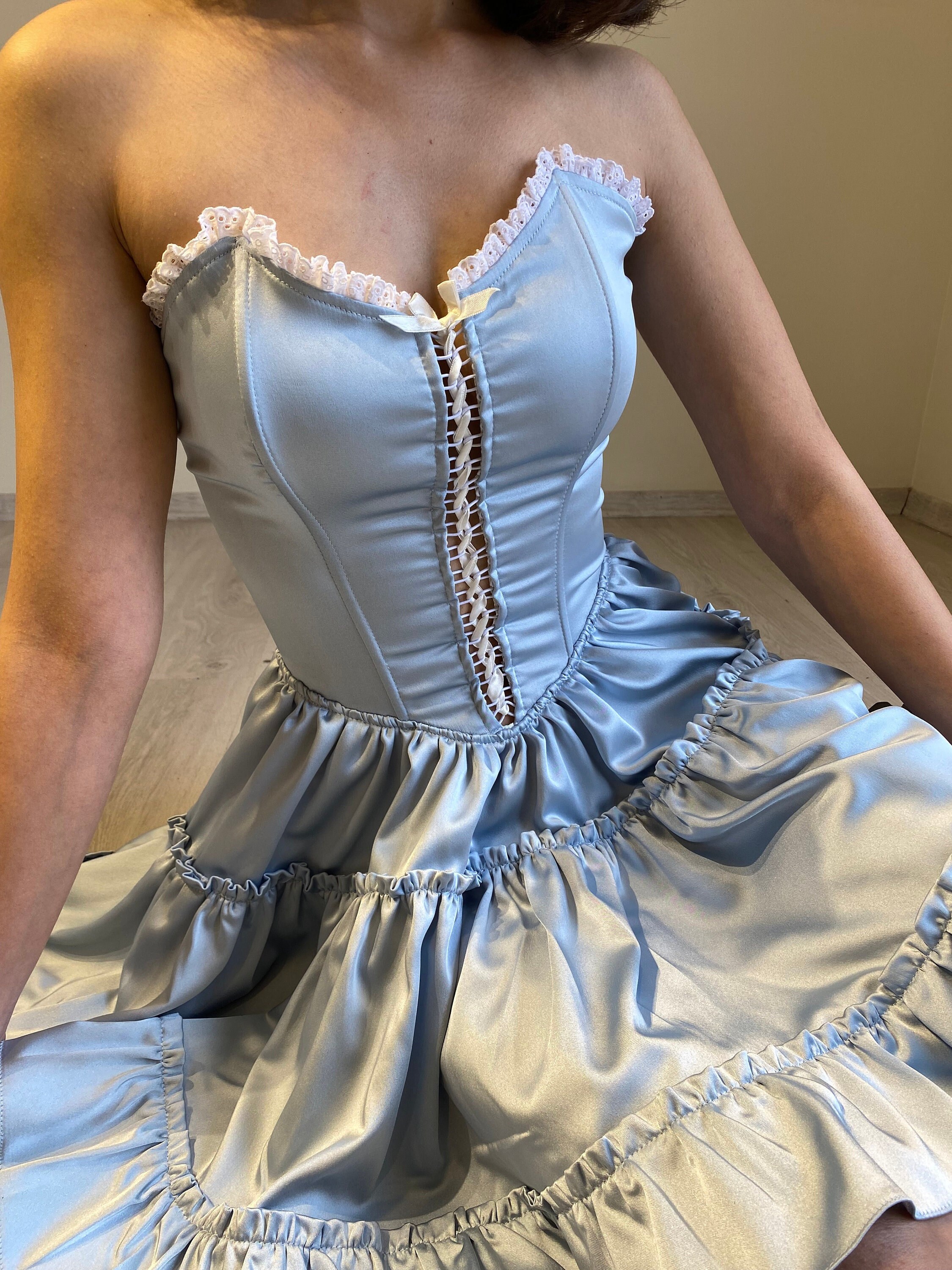 Vintage Style Baby Blue Satin Corset Dress/baby Blue Frilly - Etsy