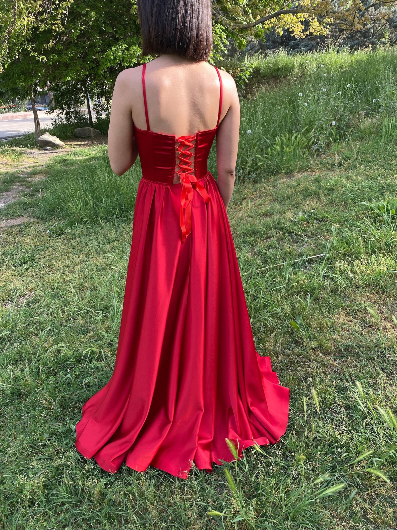 Red Satin Long Slit Corset Dress /red Strappy Corset Dress - Etsy