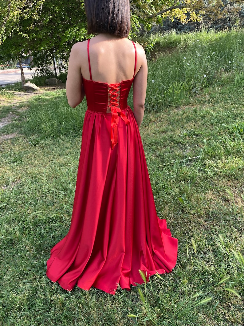 Red Satin Long Slit Corset Dress /red Strappy Corset Dress - Etsy